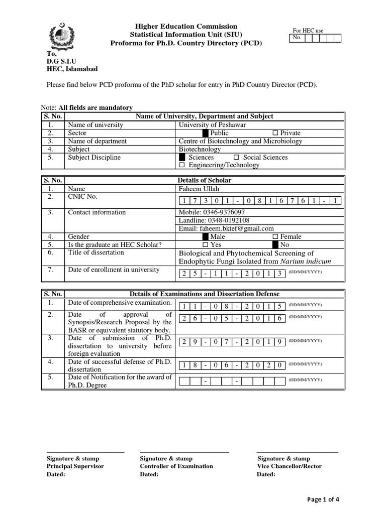 Faheem - Revised PCD Proforma | PDF | Doctor Of Philosophy | Doctorate