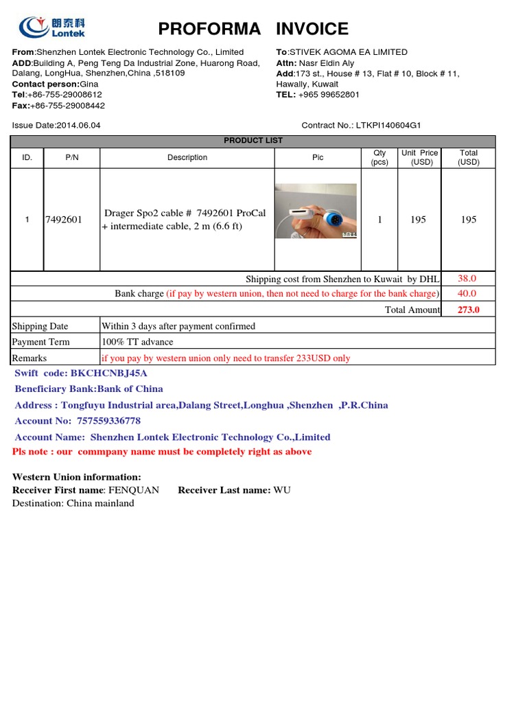 Proforma Invoice for Drager Spo2 Cable Shipment from Shenzhen to Kuwait ...