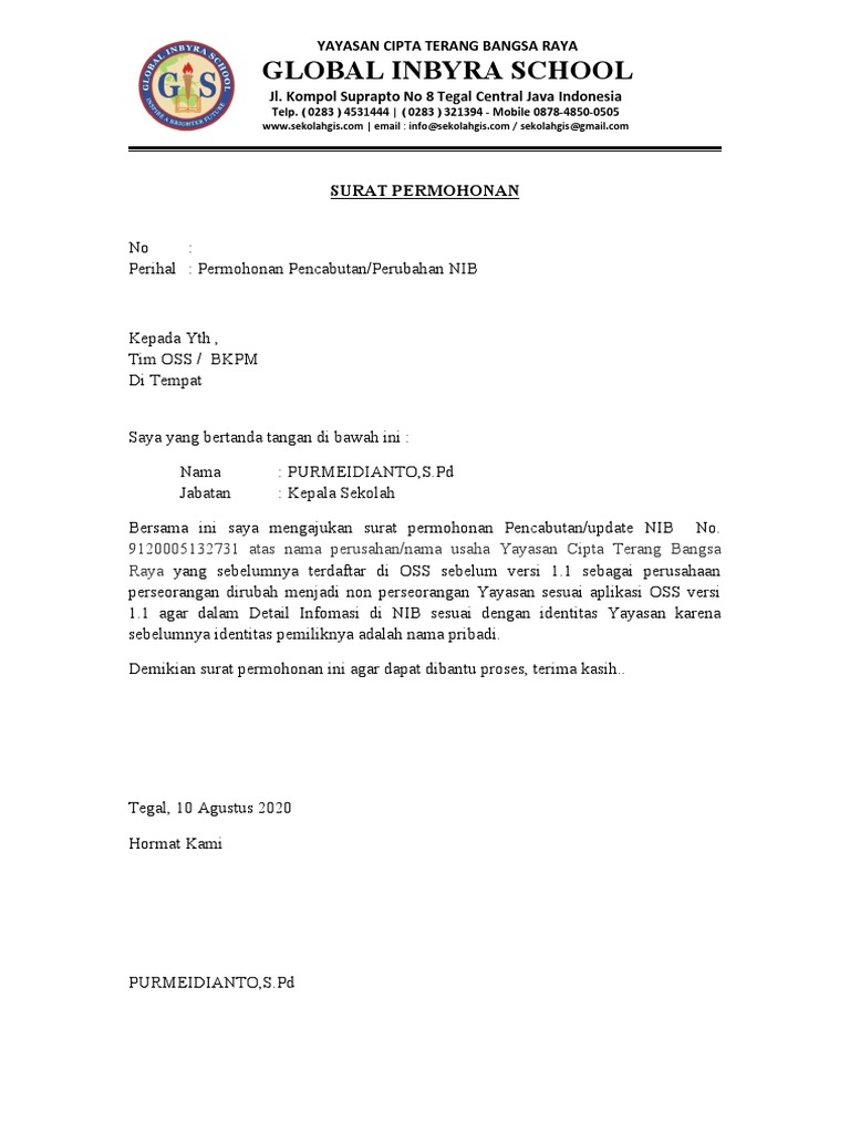 Draft Surat Permohonan Pencabutan-Update Nib | PDF