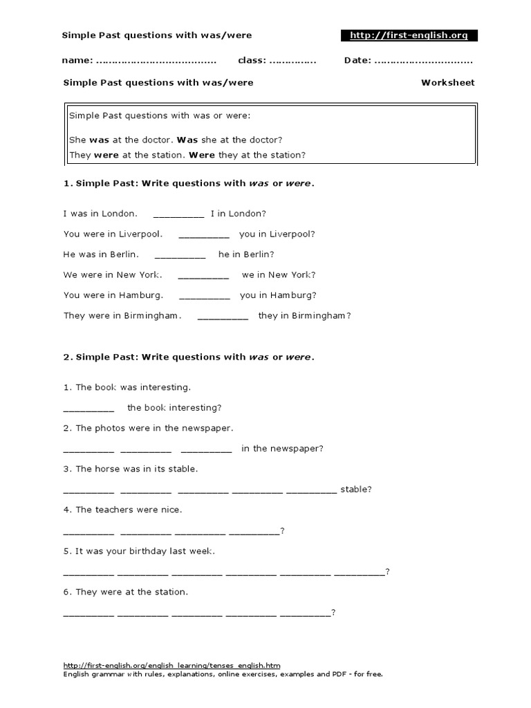 Forming Simple Past Questions with Was/Were: A Worksheet for Practicing ...