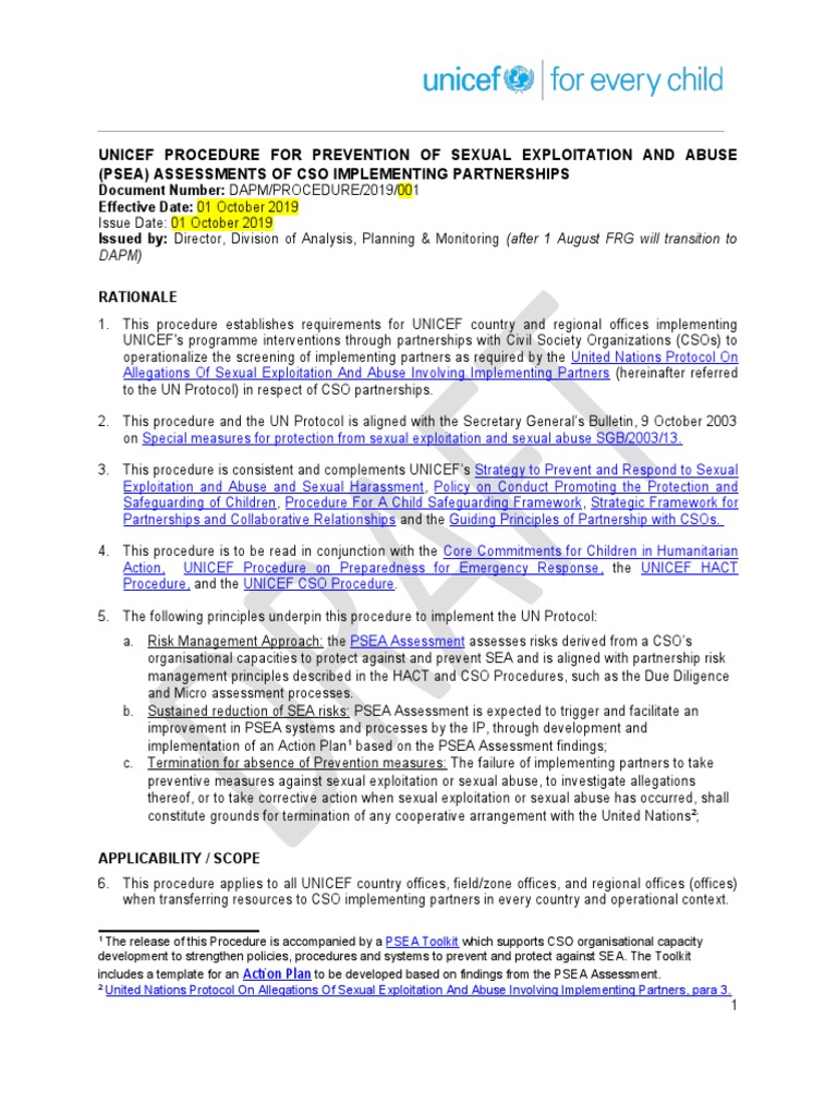 2019 UNICEF Procedure For PSEA Assessment of CSO Implementing ...