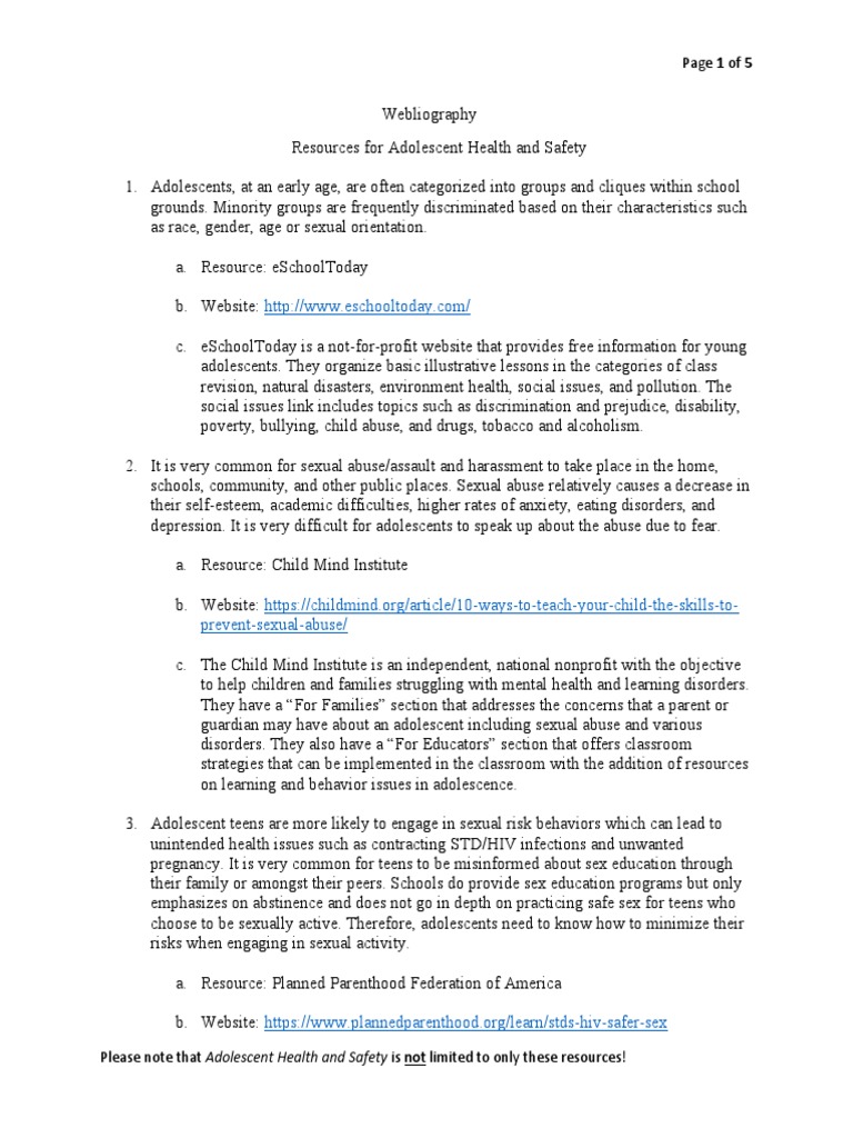 Webliography Adolescent-Health-Safety | PDF | Cyberbullying | Adolescence