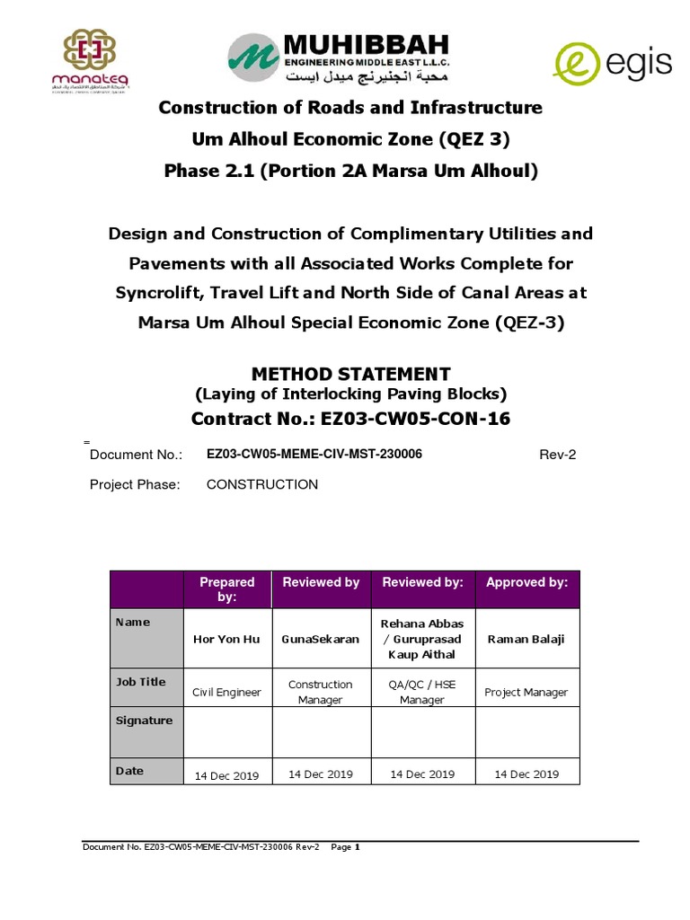 Method Statement FOR LAYING OF PAVING BLOCKS | PDF | Quality Assurance | Occupational Safety And ...