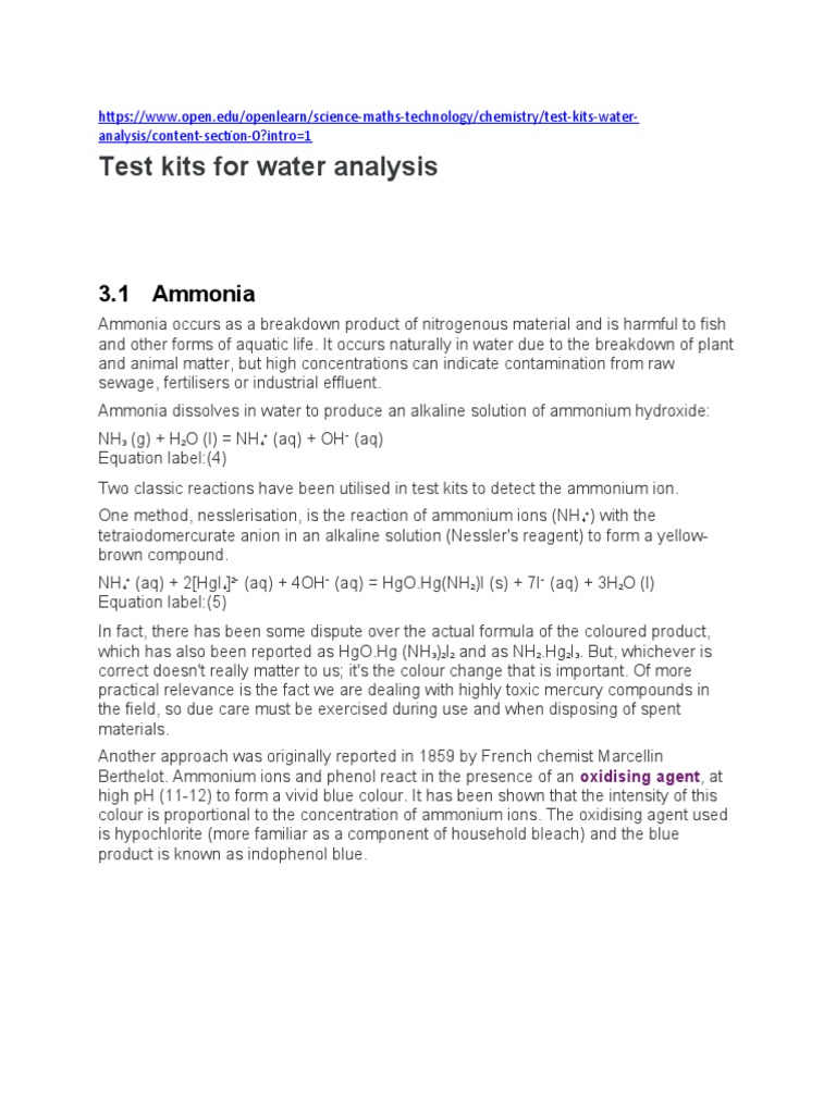 Test Kits For Water Analysis: 3.1 Ammonia | PDF | Nitrate | Nitrite