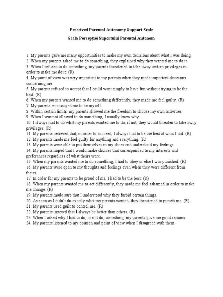 Perceived Parental Autonomy Support Scale | PDF | Autonomy | Ethical ...