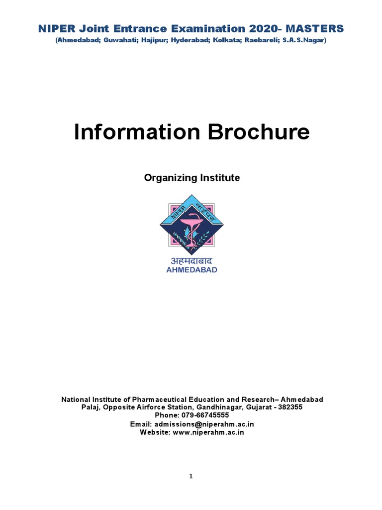 NIPER JEE 2020 Masters Brochure | PDF | Pharmacology | Master's Degree