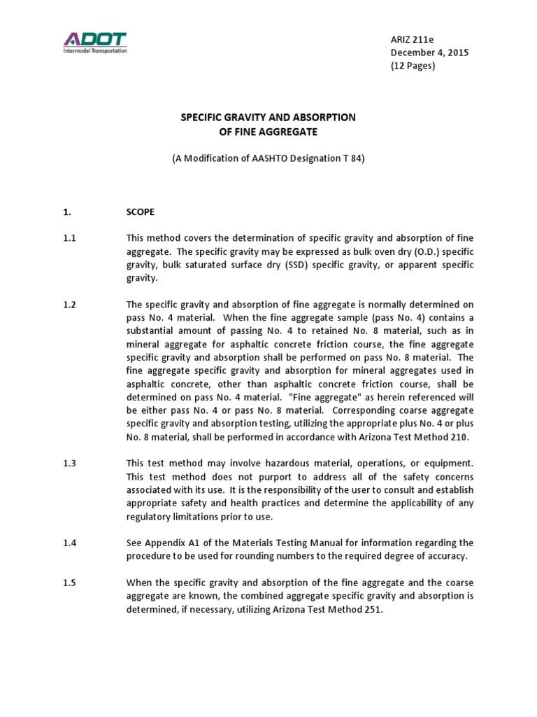 AASHTO T84 (Specific Gravity & Absorption of Fine Aggregate) PDF | PDF ...