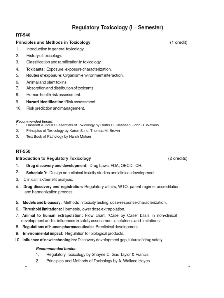 Regulatory Toxicology (I - Semester) : Principles and Methods in ...