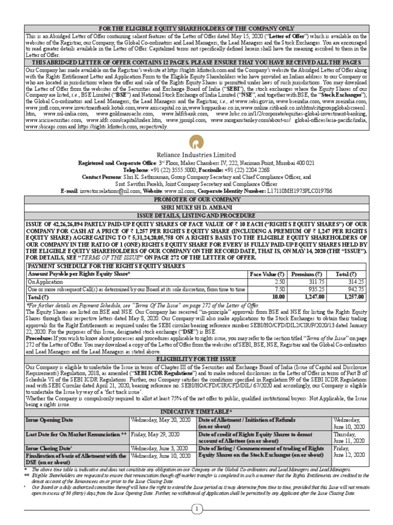 Reliance Industries Limited Rights Issue Abridged Letter of Offer PDF ...