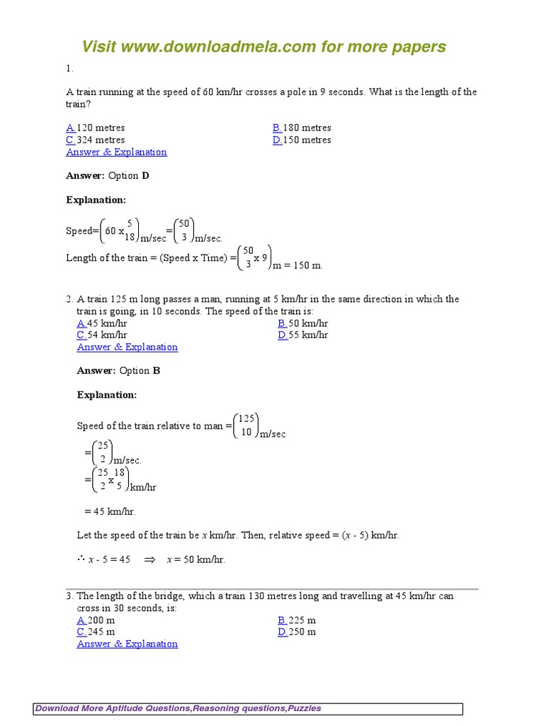 31 Problems On Trains With Solutions | PDF | Speed | Train