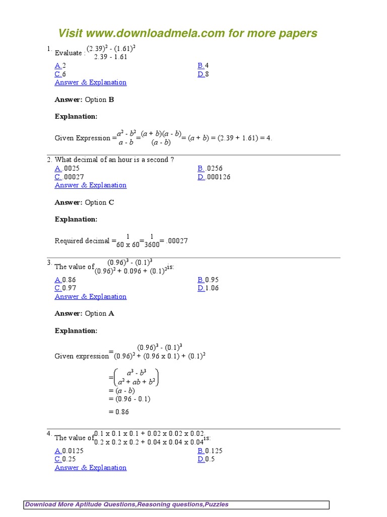 30 Decimal Fraction Aptitude Questions With Solutions | Download Free ...