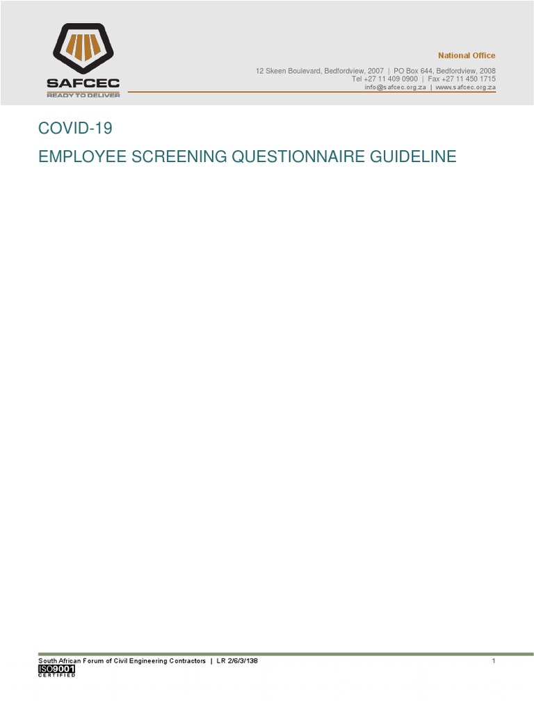 COVID-19 Employee Screening Questionnaire Guideline | Download Free PDF ...