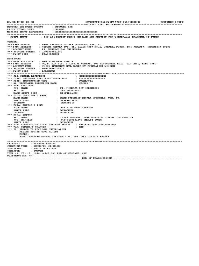 MT104 Verbiage | PDF | Payments | Financial Technology