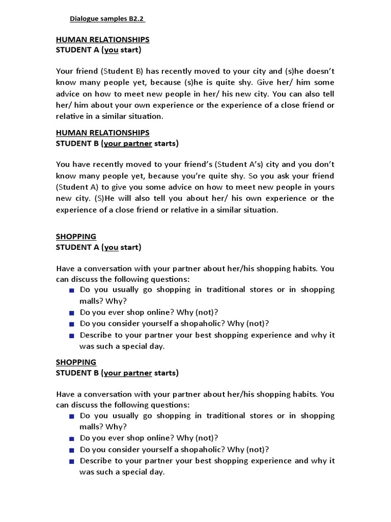 DIALOGUE Samples B2 JUNE EXAM | PDF | Conversation | Social Media