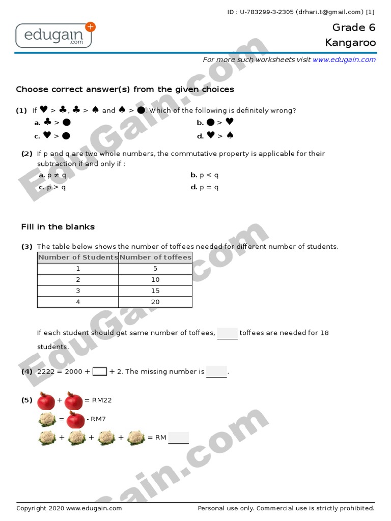 Grade 6 Kangaroo: Choose Correct Answer(s) From The Given Choices | PDF ...