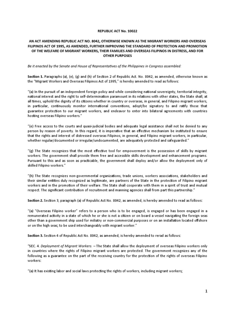 Ra 8042 | PDF | Migrant Worker | Employment