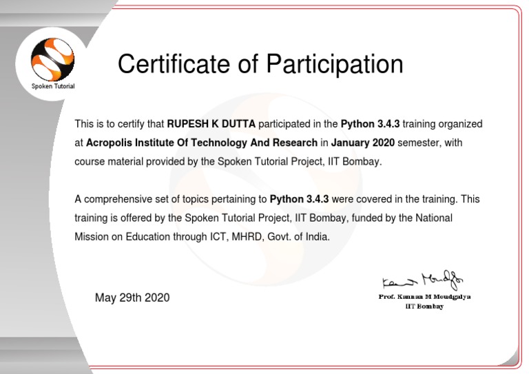 Spoken Tutorial Python-3.4.3-Participant-Certificate-1 PDF | PDF