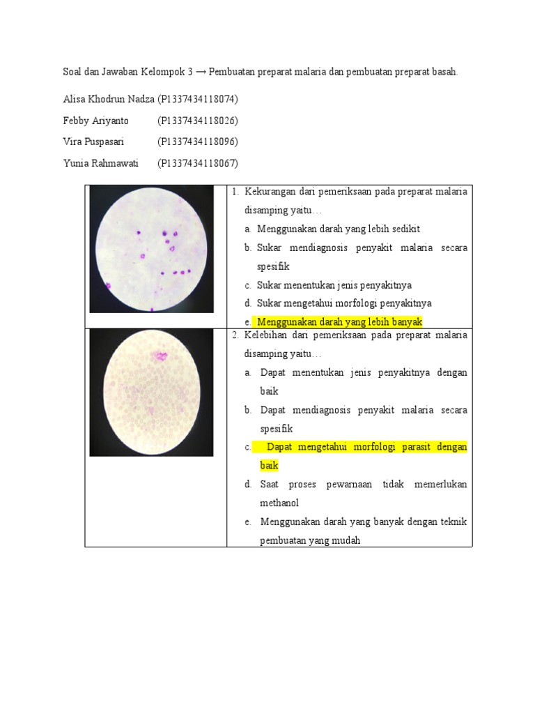 Kelompok 3 (Pembuatan Preparat Malaria Dan Pembuatan Preparat Basah) | PDF