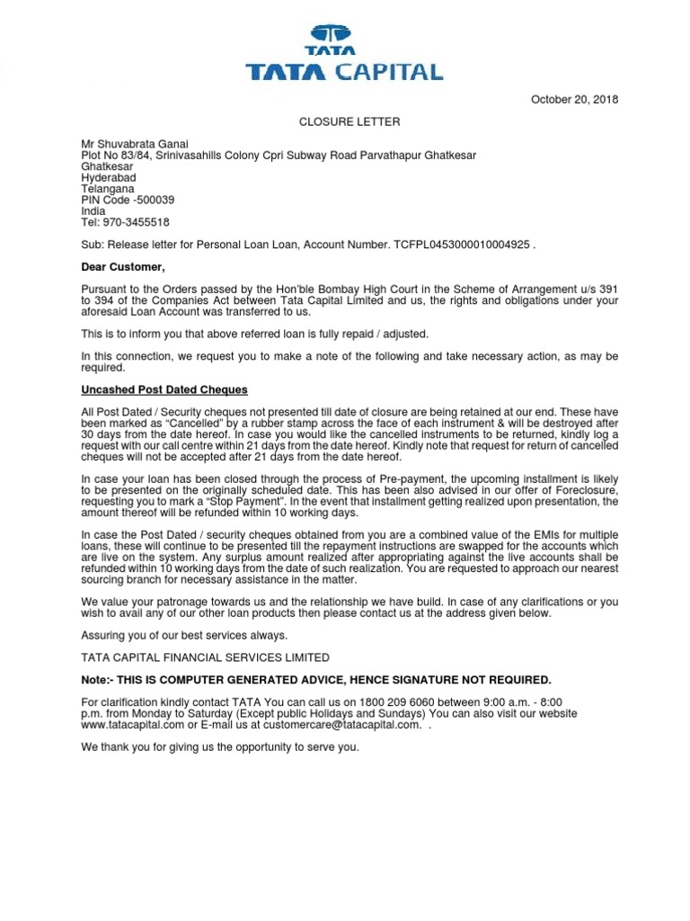 Noc TCFPL0453000010004925 20102018 1540022971670 PDF | PDF | Cheque | Loans