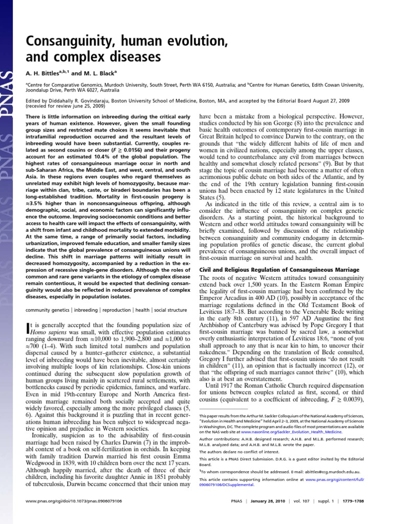 Consanguinity, Human Evolution, and Complex Diseases: Pnas January 26, 2010 Vol. 107 Suppl. 1 ...