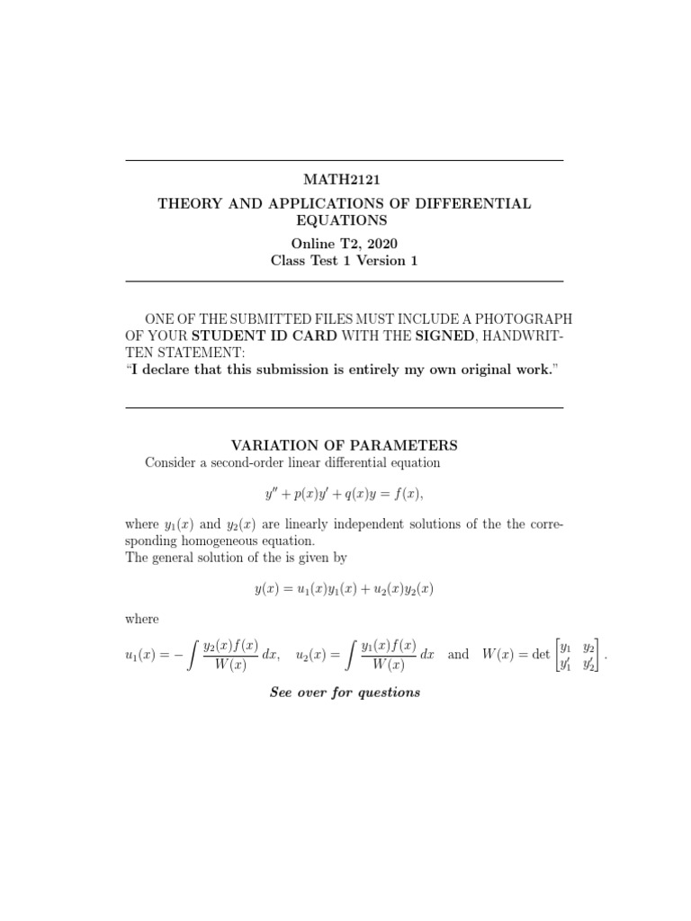 Class Test 1 2020 With Answers PDF | PDF | Ordinary Differential ...