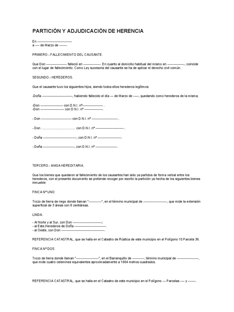 MODELO de PARTICIÓN Y ADJUDICACIÓN DE HERENCIA | PDF