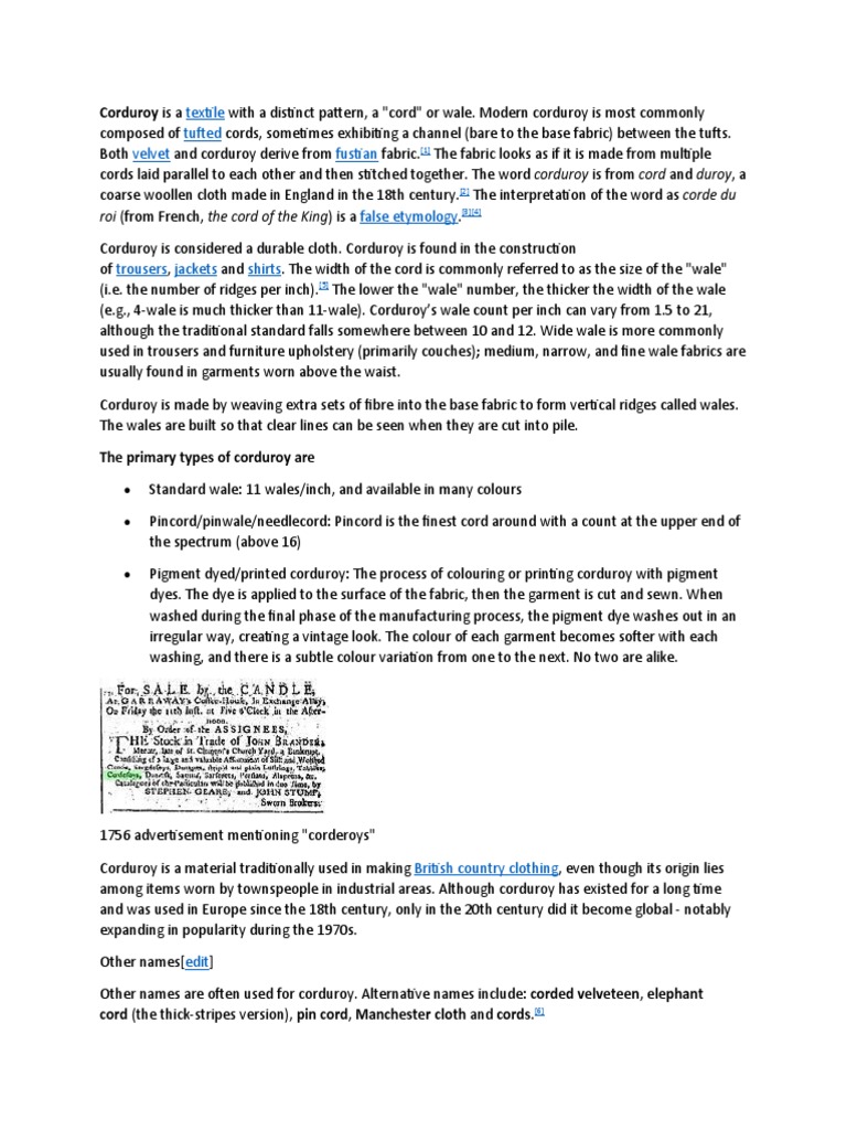 Textile Tufted Velvet Fustian: Roi (From French, The Cord of The King ...