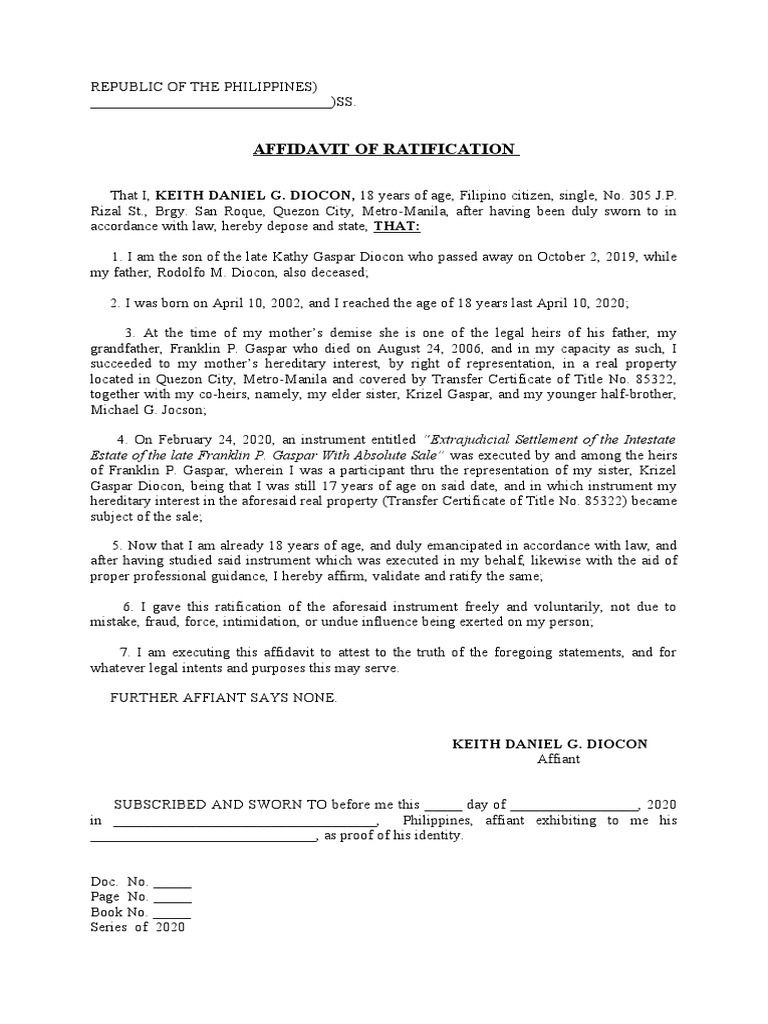 Affidavit of Ratification Sample | PDF | Affidavit | Virtue