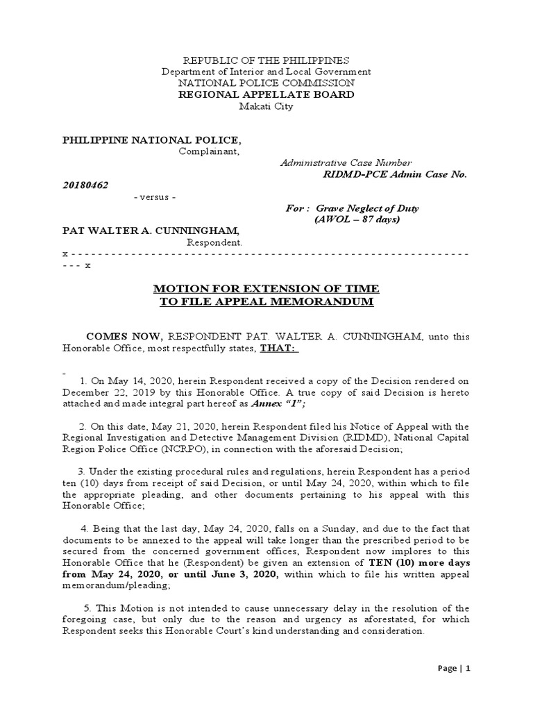 Regional Appellate Board: Motion For Extension of Time To File Appeal ...