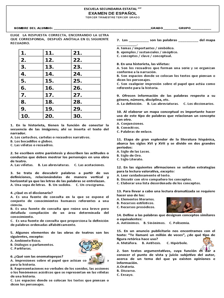 Examen de Español Tercer Grado | PDF | Diccionario | Science