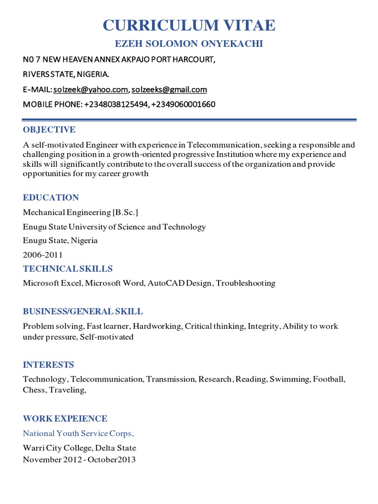 Curriculum Vitae: Ezeh Solomon Onyekachi | PDF | Telecommunication ...
