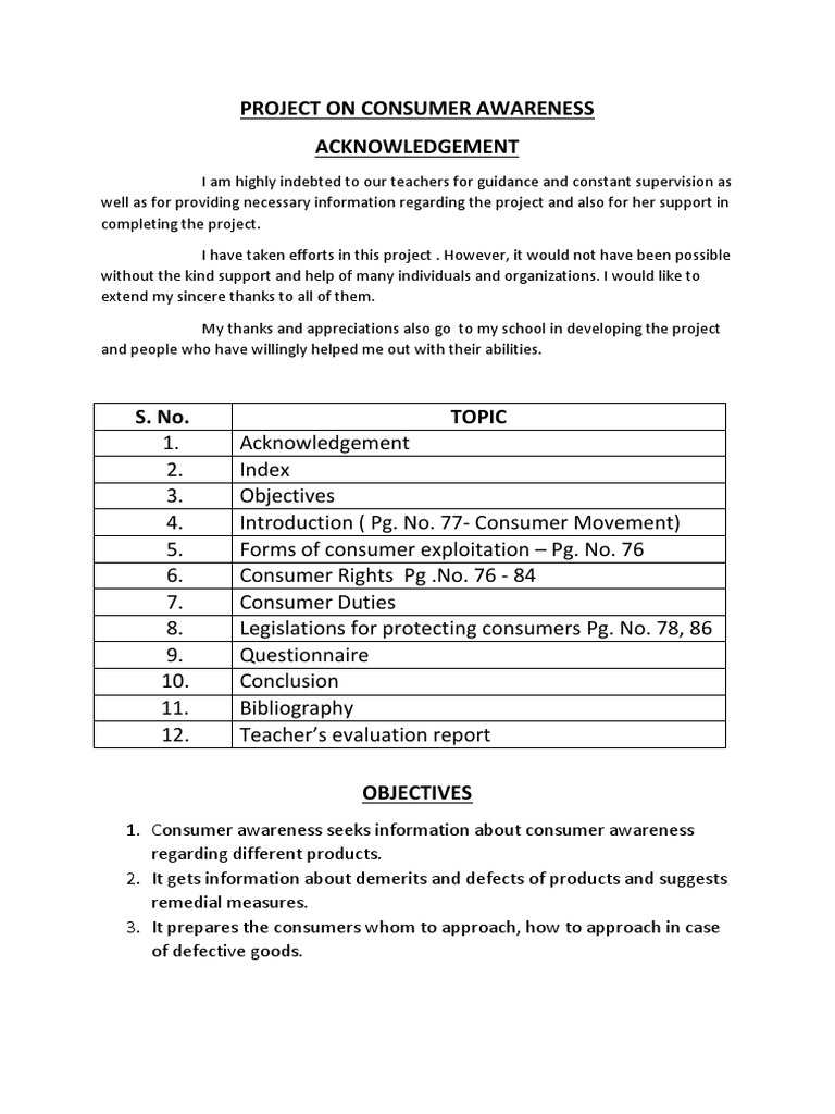 PROJECT ON CONSUMER AWARENESS ACKNOWLEDGEMENT | Consumer Protection ...