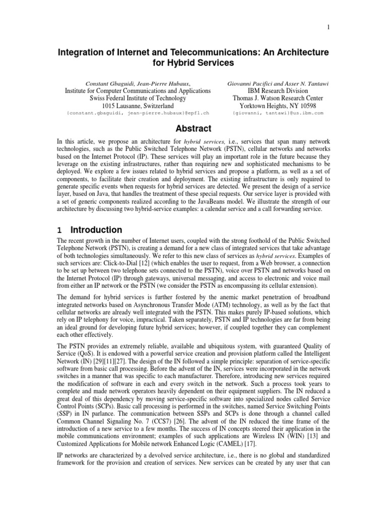 An Architecture for Integrated Hybrid Services Spanning Telecommunications and Internet ...