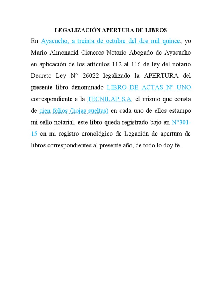 Legalización Libro de Actas TECNILAP | PDF | Historia