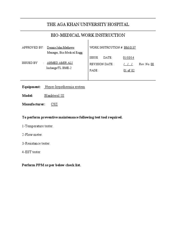 The Aga Khan University Hospital Bio-Medical Work Instruction | PDF