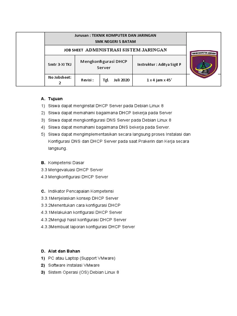 Jobsheet 2 DHCP Server | PDF | Metode & Bahan Ajar | Komputer