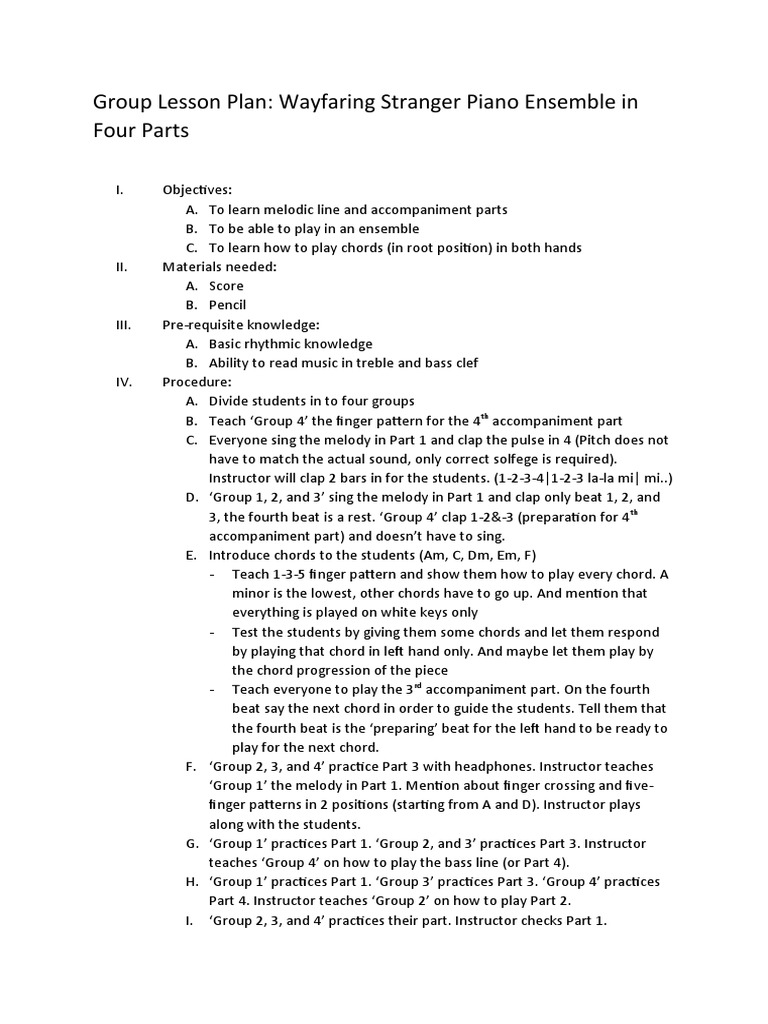 Group Lesson Plan: Wayfaring Stranger Piano Ensemble in Four Parts ...