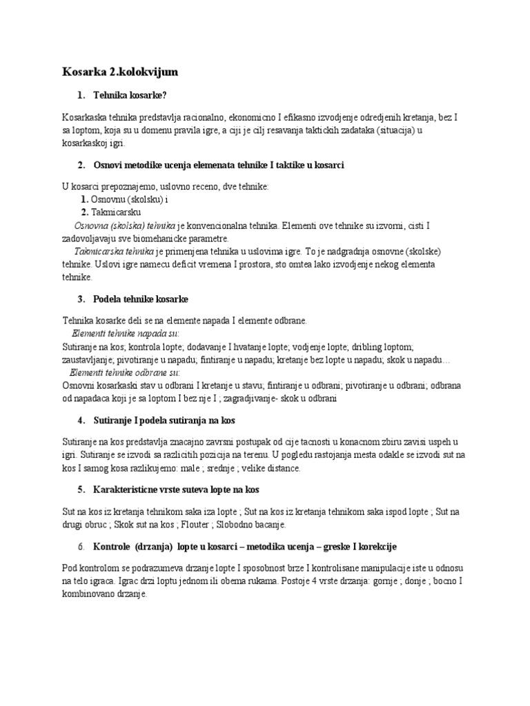 Kosarka 2.kolokvijum | PDF