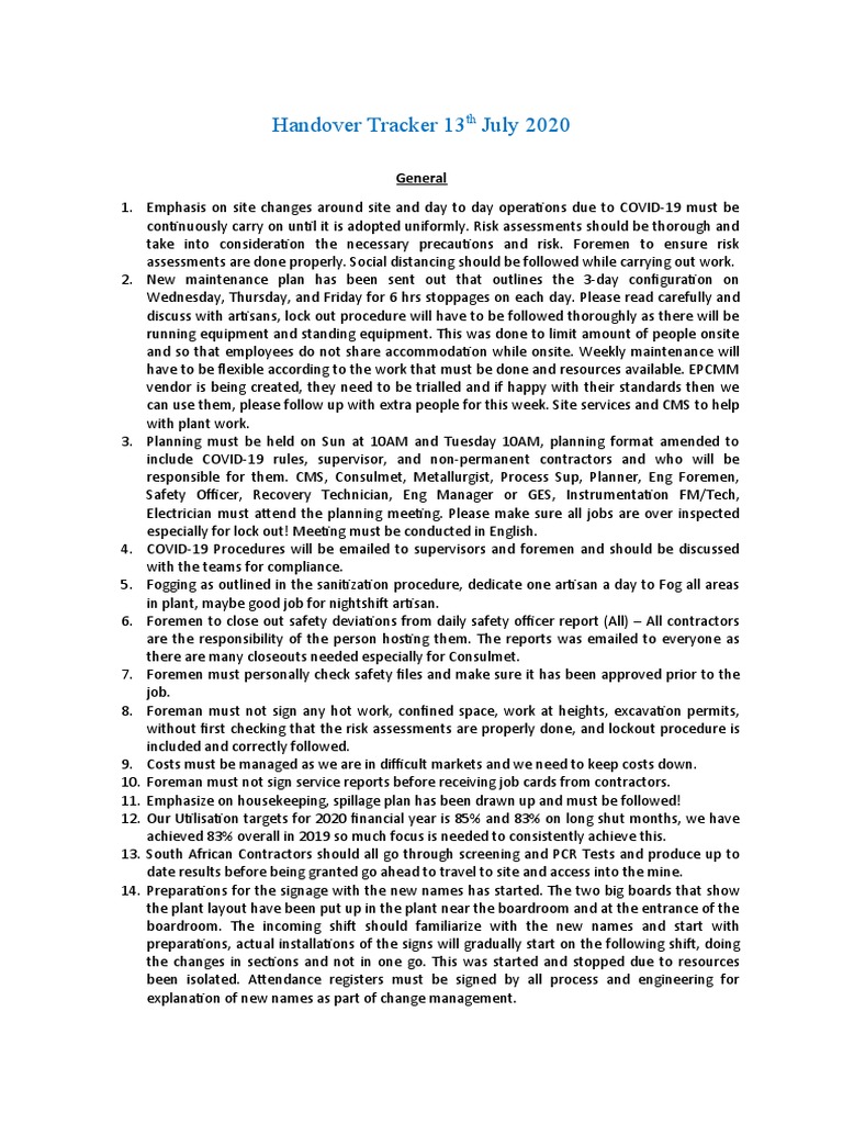 Handover Tracker 13 July 2020 | PDF | Air Conditioning | Manufactured Goods