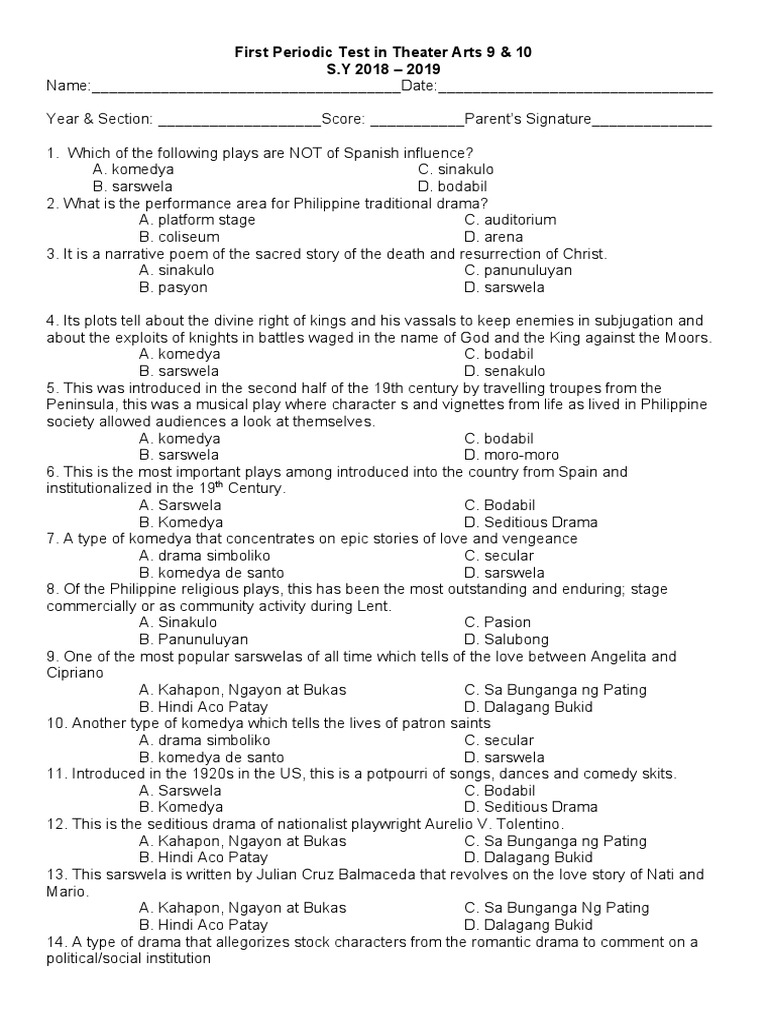 Theater Arts Test: Drama Simboliko | PDF | Theatre | Entertainment