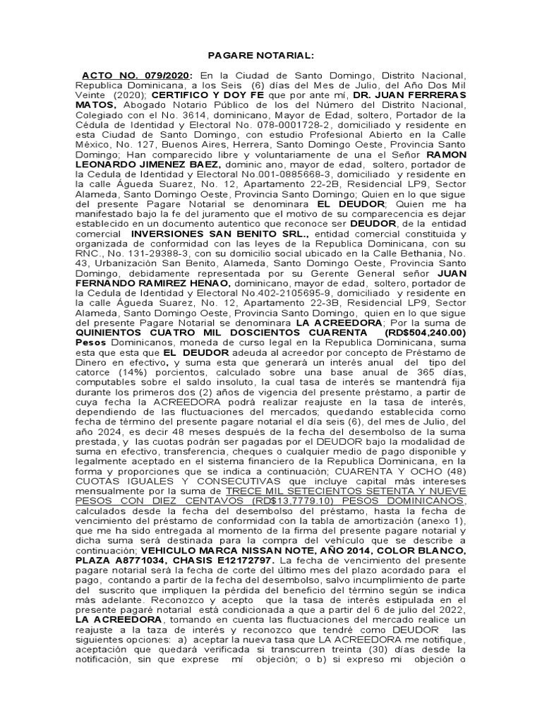 Pagaré Notarial de Préstamo RD$504,240 | PDF | Pagos | República Dominicana