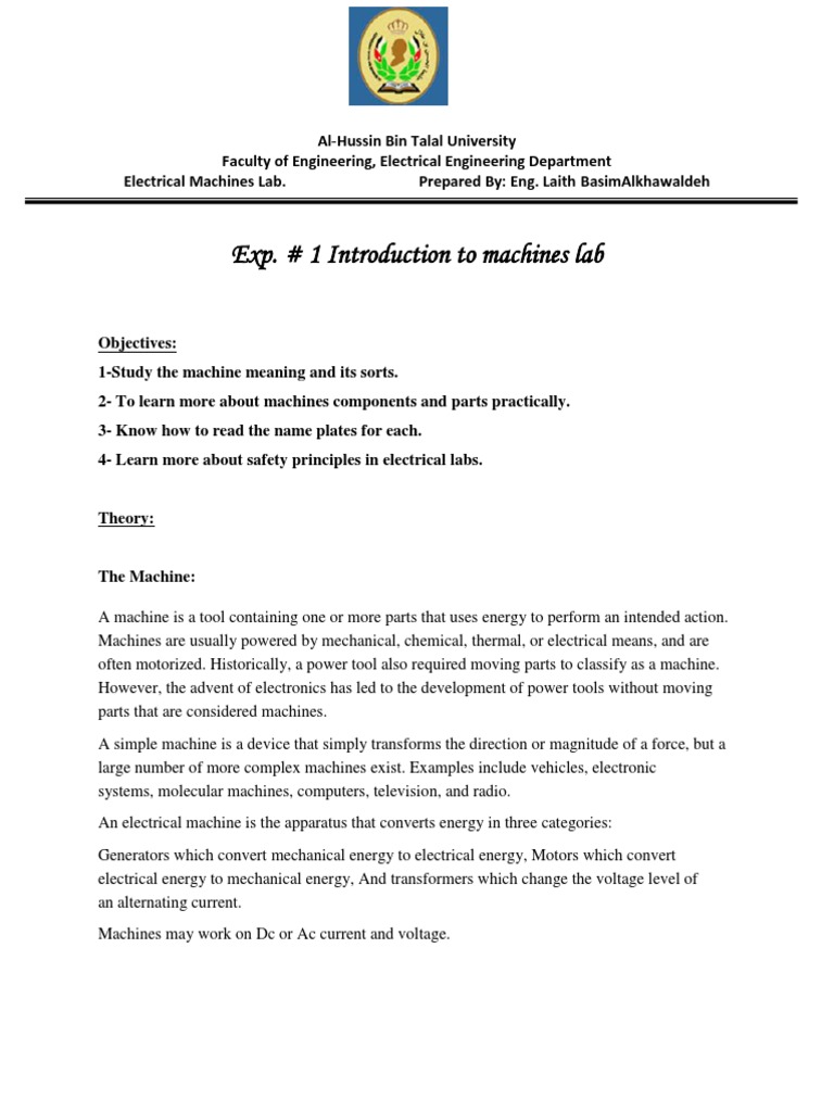 Exp 1 #Introduction To Machines Lab | PDF | Electromagnetic Induction ...