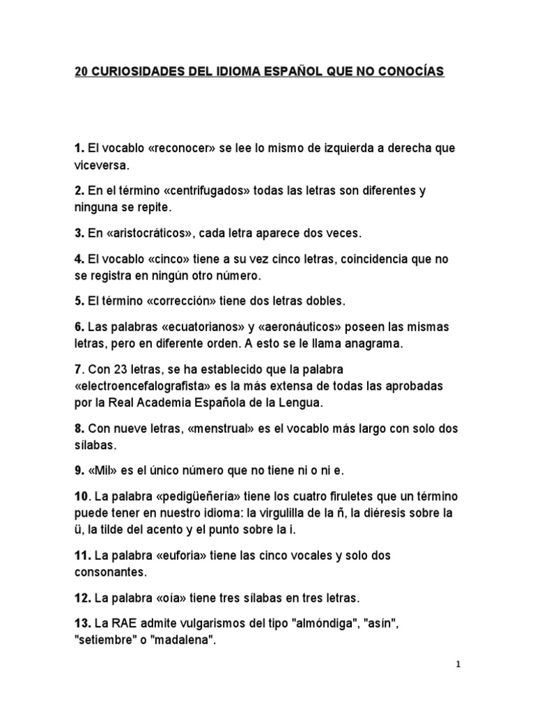 20 Curiosidades Del Idioma Español Que No Conocías Pdf