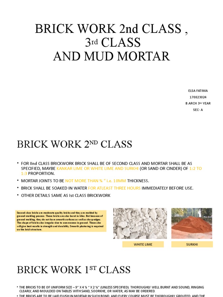 Specifications for Various Types of Brickwork and Mortar: Second Class ...