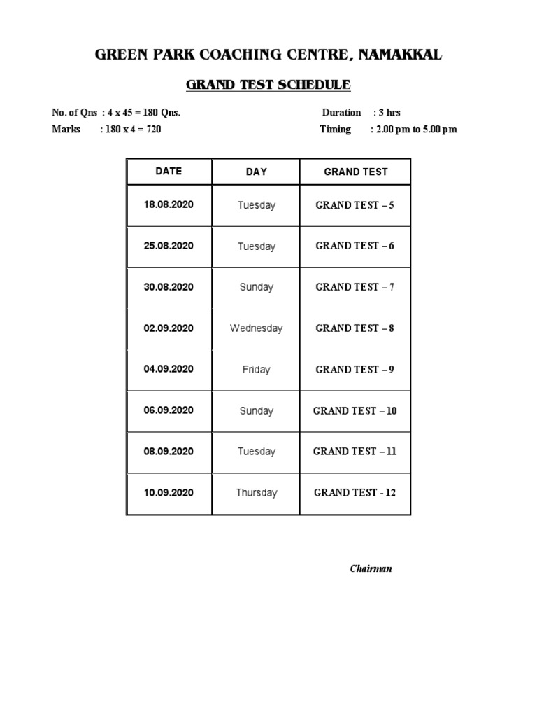 LT & CC - Grand Test Schedule PDF | PDF
