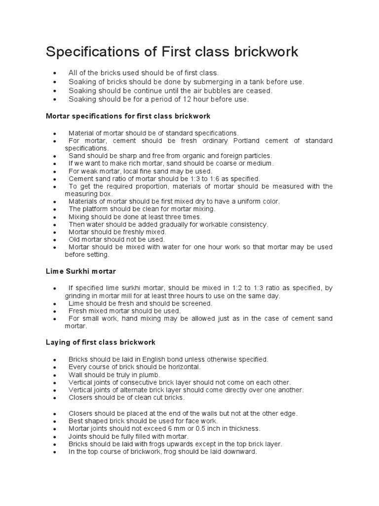 First Class Brickwork Specification | PDF | Mortar (Masonry) | Brick