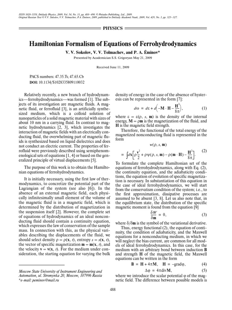 Hamiltonian Formalism of Equations of Ferrohydrodynamics | Download ...