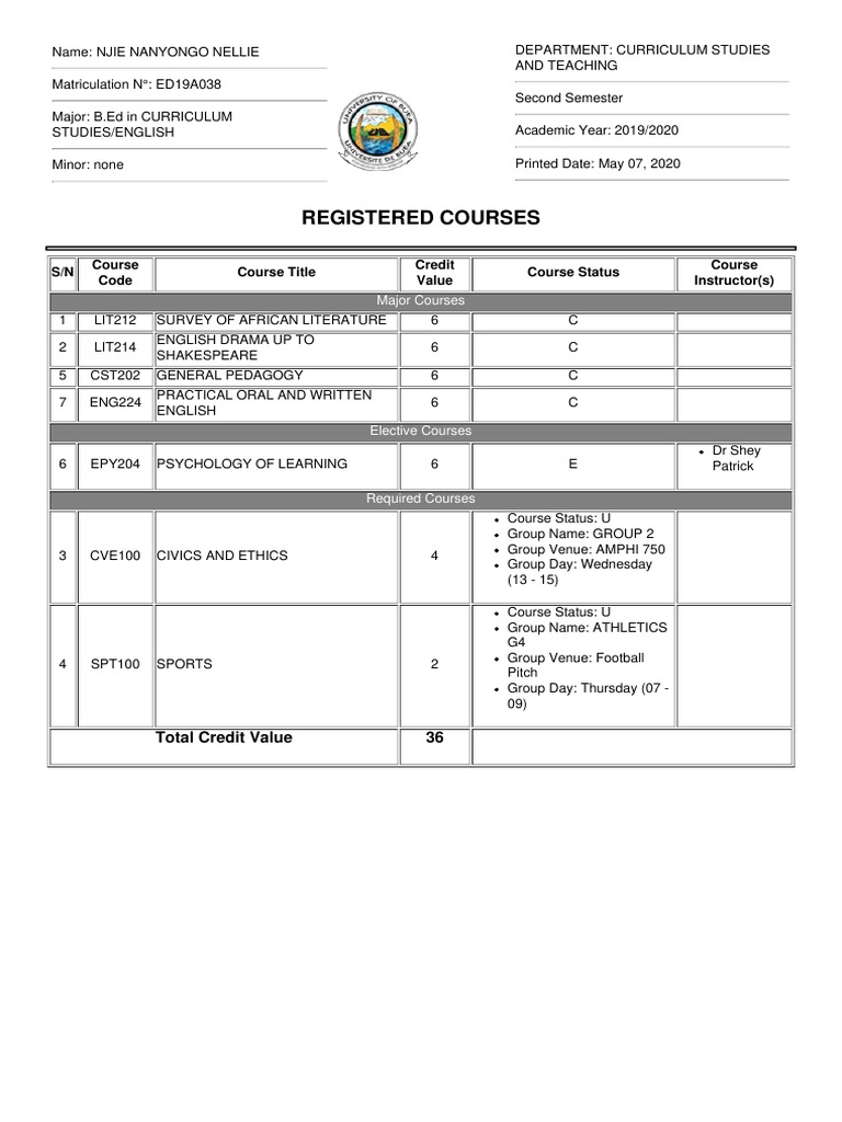 Registered Courses: S/N Course Code Course Title Credit Value Course ...