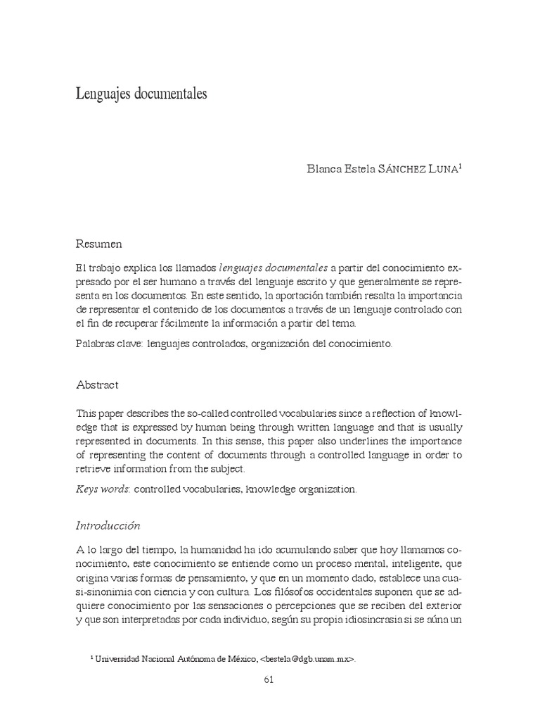 Sánchez Luna, B E. Lenguajes Documentales. Universidad Nacional Autónoma de México PDF | PDF ...
