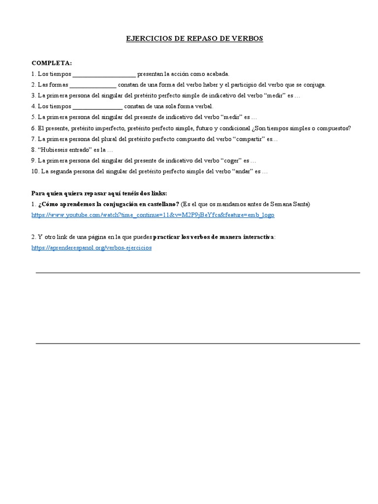 Ejercicios de repaso de verbos en español | PDF